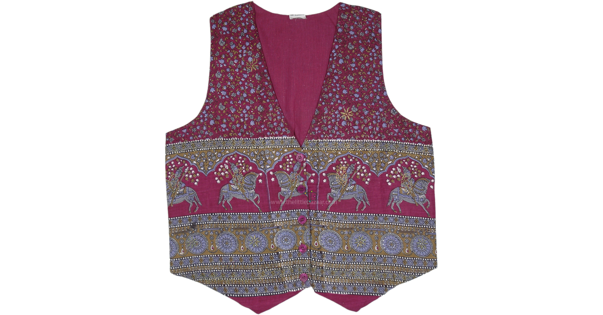 Bohemian Vintage Magenta Buttoned Vest | Tunic-Shirt | Pink | Sleeveless