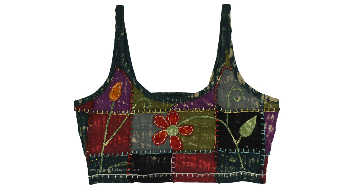 Blooming Patchwork Artisan Boho Cotton Crop Top | Tunic-Shirt | Black ...