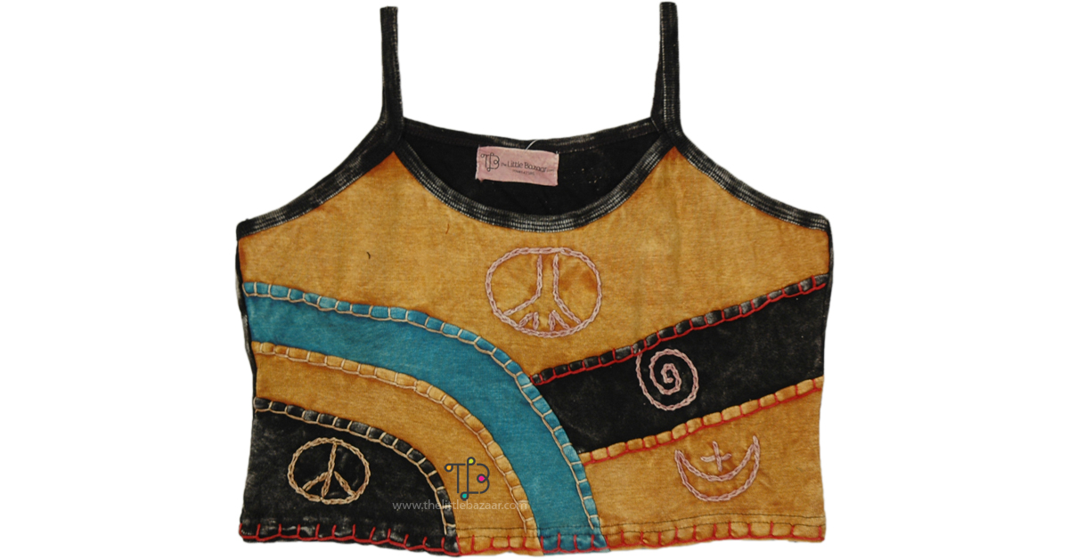 Earth and Peace Embroidered Hippie Crop Top | Tunic-Shirt | Bronze ...