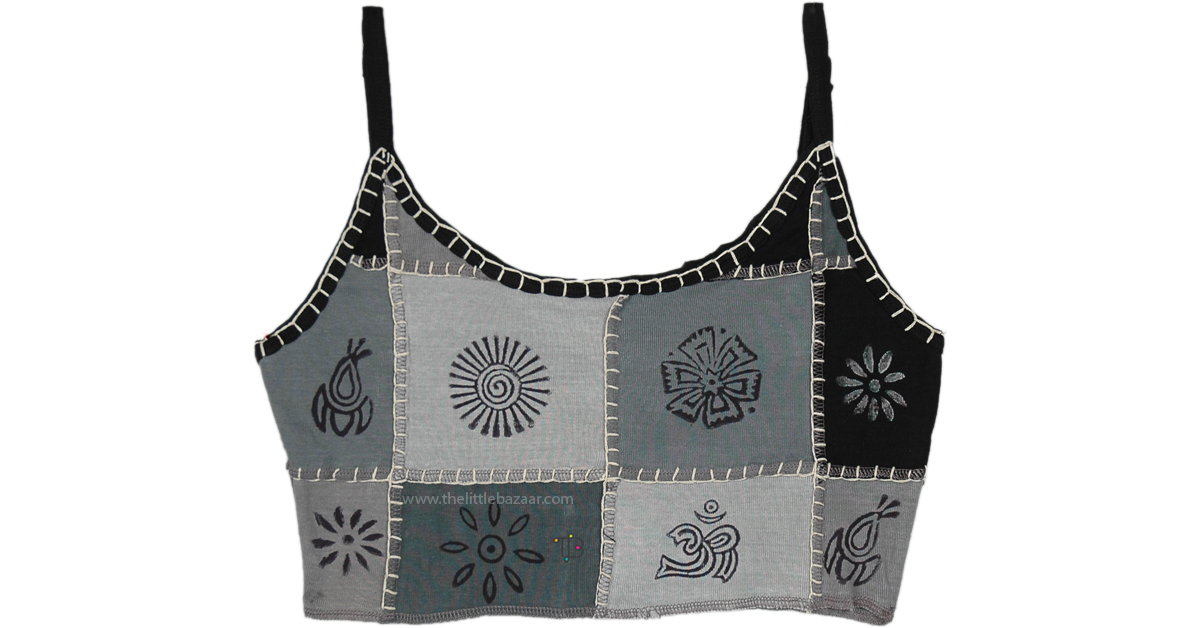 Monochrome Handmade Hippie Crop Top | Tunic-Shirt | Black | Sleeveless ...