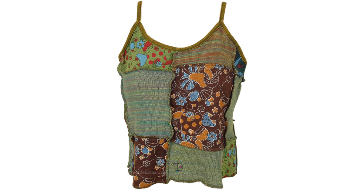 Hippie Green Shroom Patchwork Cropped Top | Tunic-Shirt | Green | Sleeveless, Stonewash ...