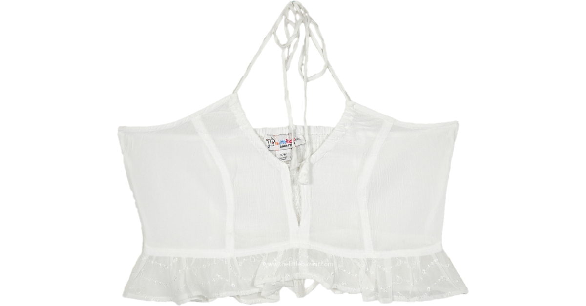 White Ruffle Halter Crop Top | Tunic-Shirt | White | Embroidered, Bohemian