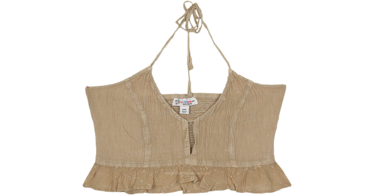 Beige Ruffle Halter Crop Top | Tunic-Shirt | Beige | Embroidered, Bohemian