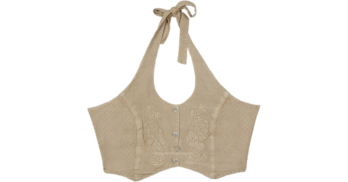 Beige Bask Halter Short Crop Top | Tunic-Shirt | Beige | Embroidered ...