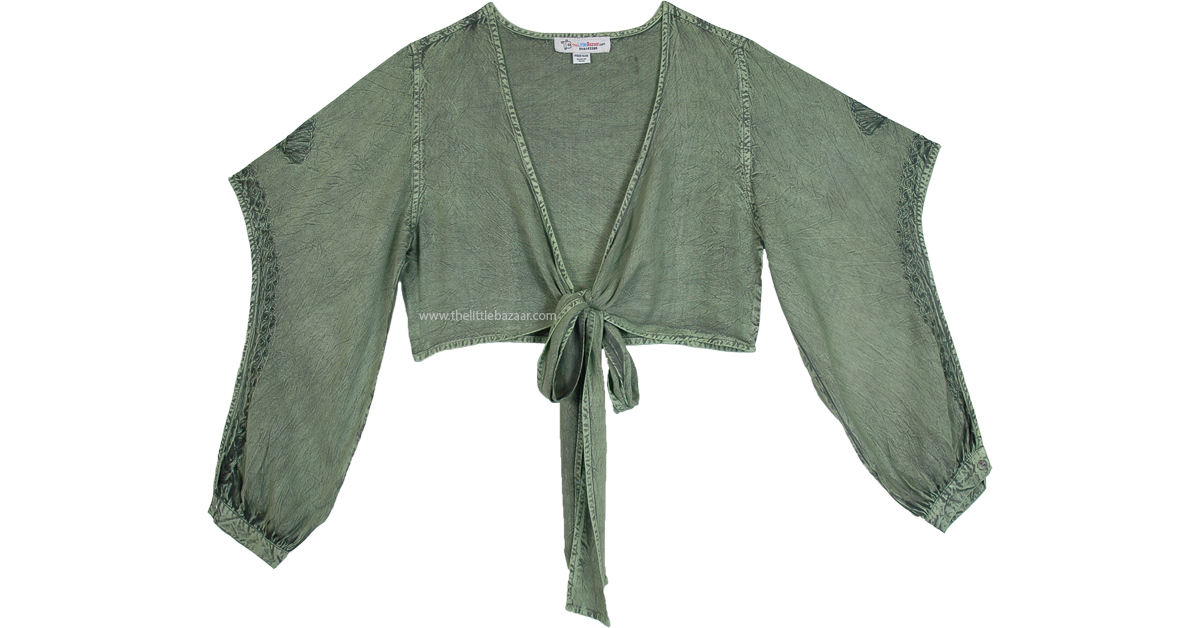 Glade Green Tie-Front Arm Slit Boho Crop Top | Tunic-Shirt | Green ...