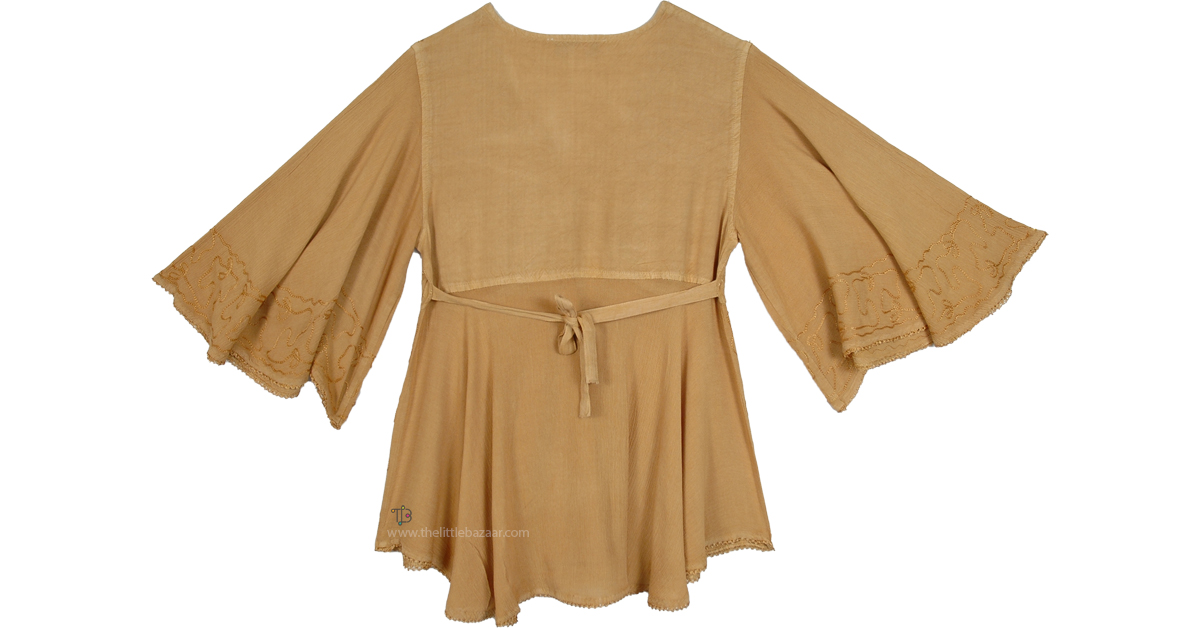 Desert Gold Embroidered Flutter Sleeve Tunic Top | Tunic-Shirt | Gold ...