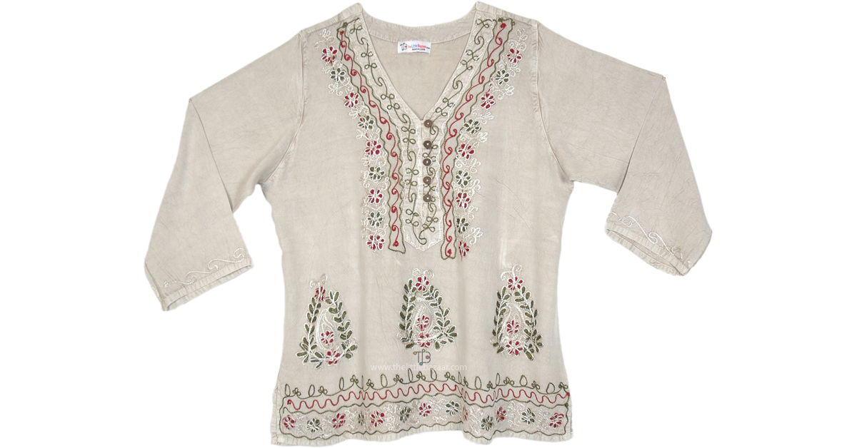 Ivory Floral Vintage Boho Charm Top | Tunic-Shirt | Off-White ...