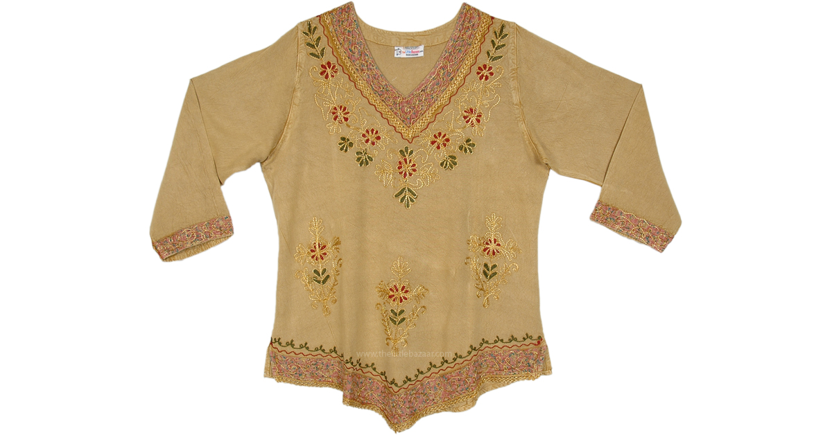 Golden Beige Embroidered Boho Tunic | Tunic-Shirt | Bronze ...