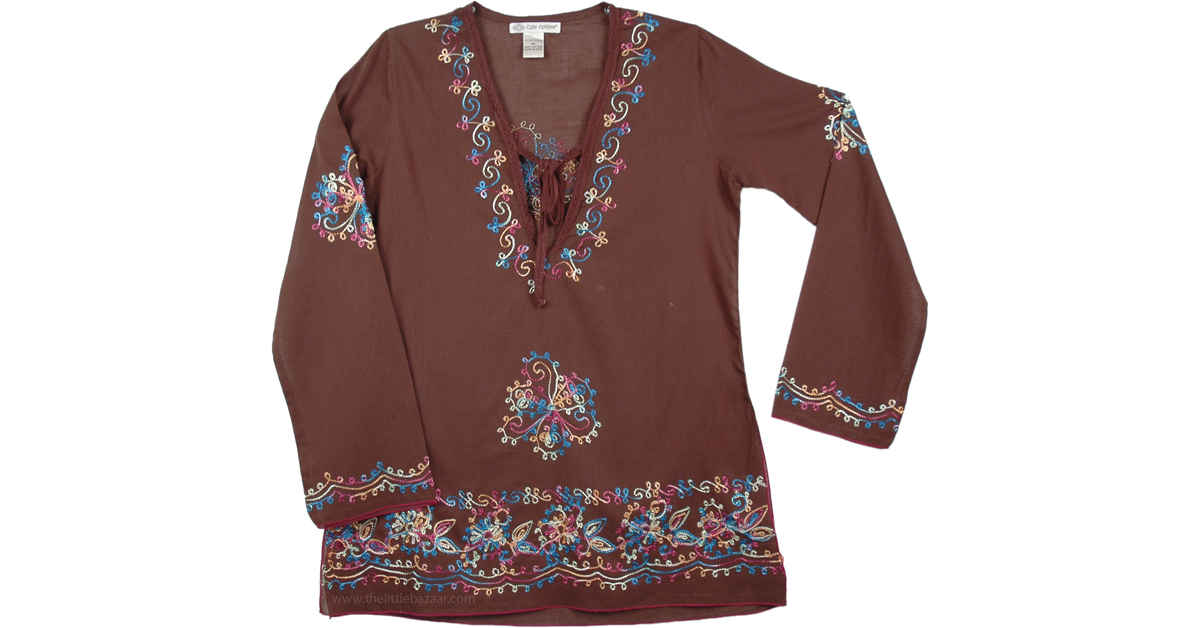 Congo Brown Embroidered Tunic Top | Tunic-Shirt | Brown