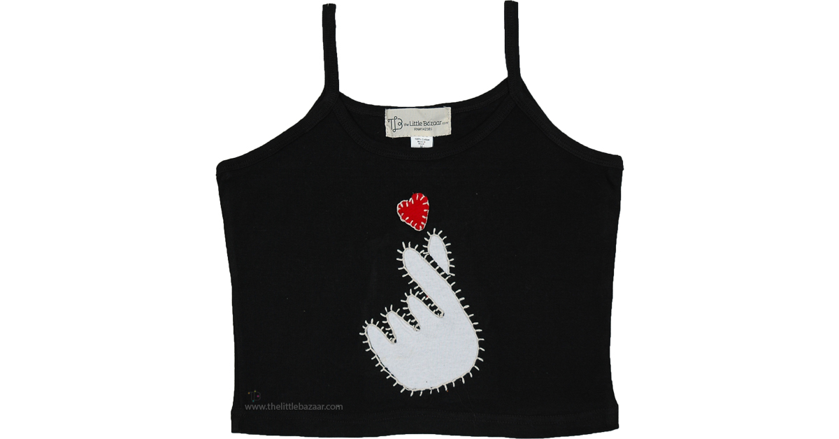 Black Crop Top with Fingers Heart Gesture Applique | Tunic-Shirt ...