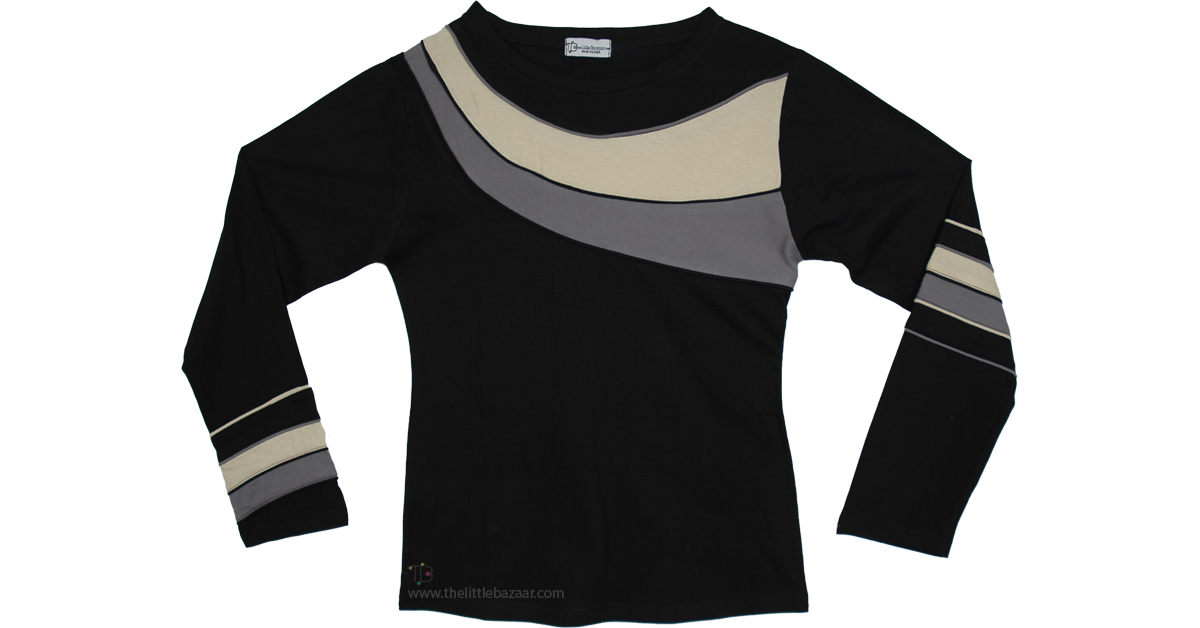 Noir Horizon Contemporary Geometric Knit Top | Tunic-Shirt | Black