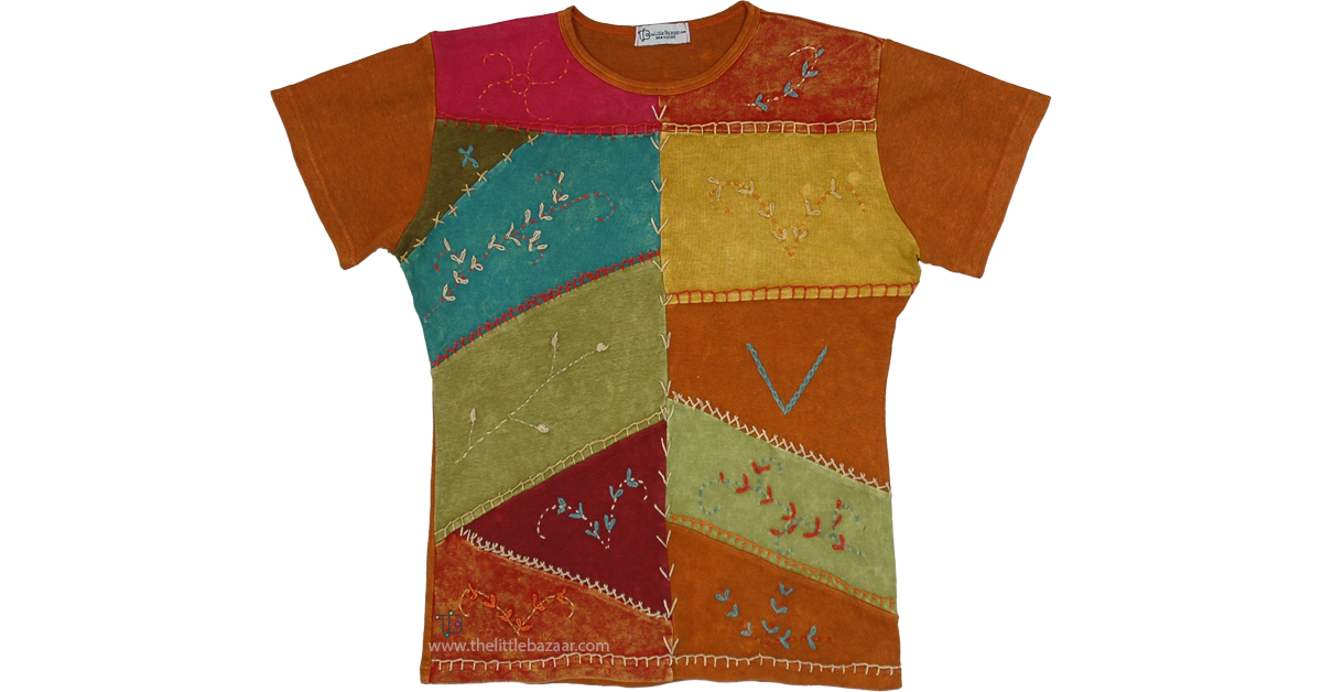 Sunset Mosaic Patchwork Embroidered Knit Tee | Tunic-Shirt ...