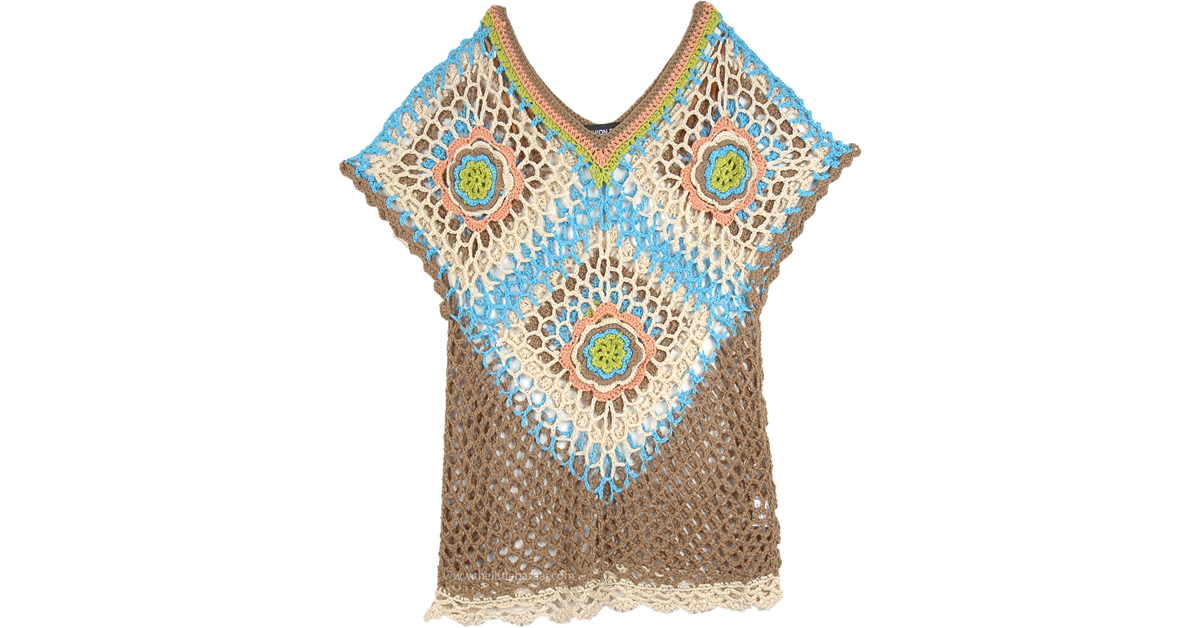 Crochet Net V-Neck Fitted Boho Top | Tunic-Shirt | Multicoloured ...
