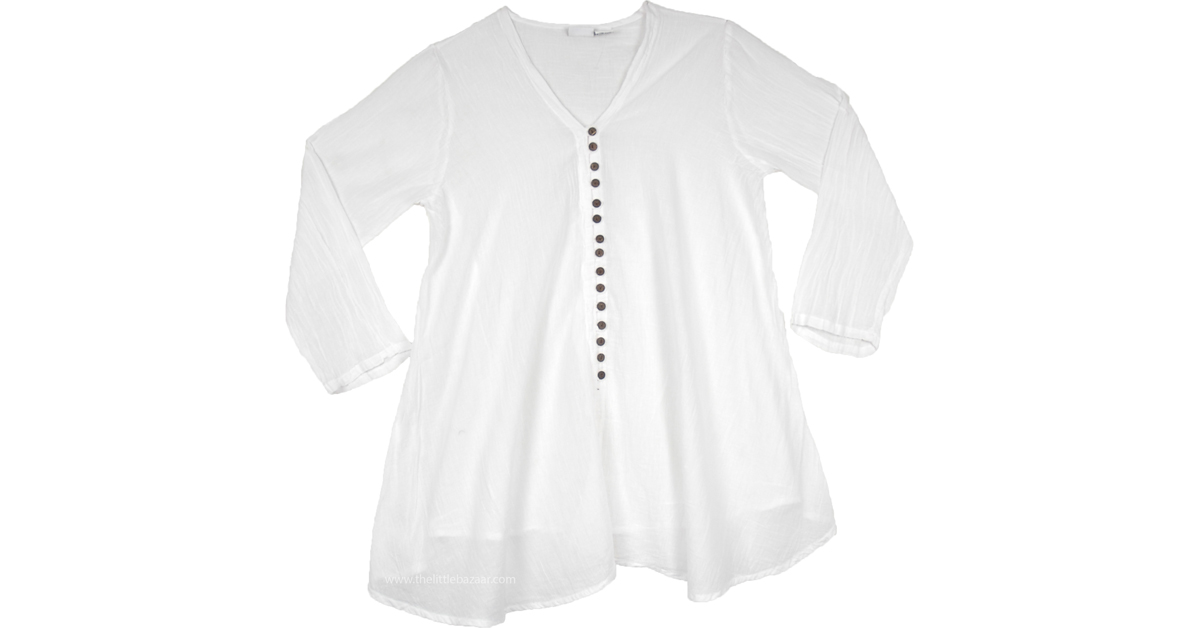 Semi Sheer Pure White Cotton Tunic Top with Buttons | Tunic-Shirt ...