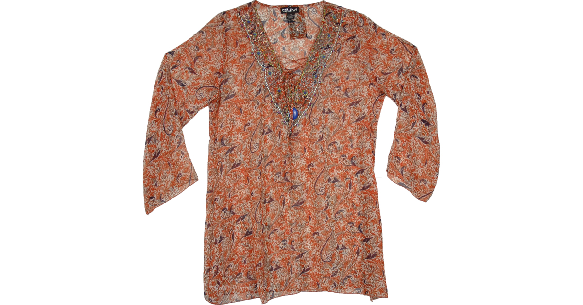 Sale:$14.99 Floral Sheer Tunic Top with Boho Beaded Neck | Tunic-Shirt ...