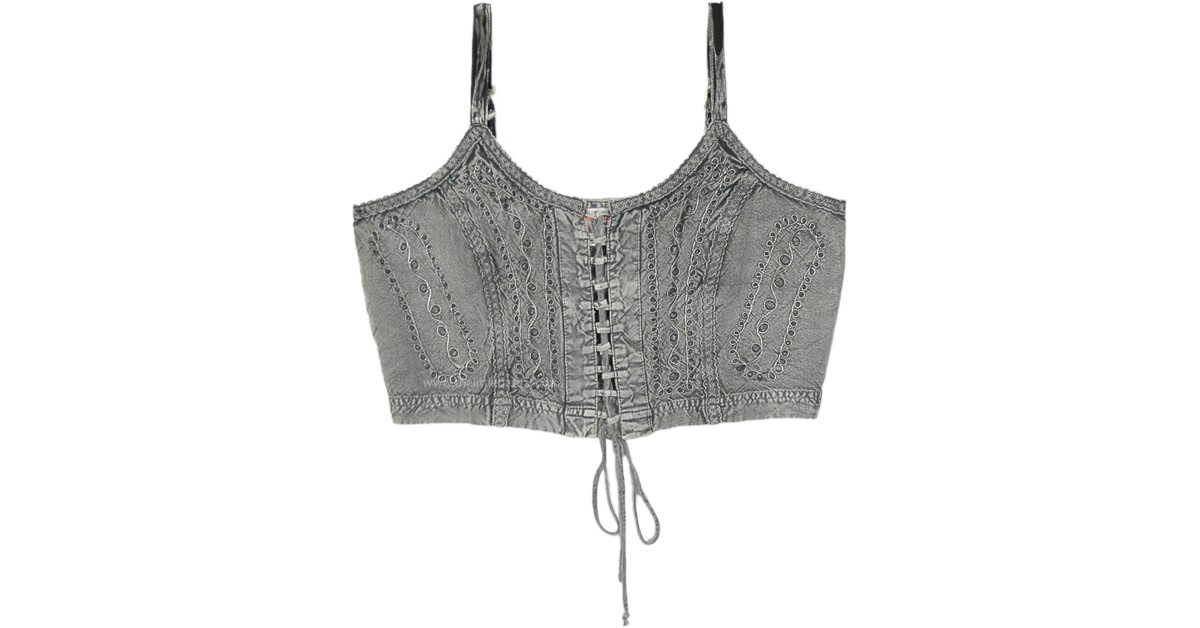 Pigeon Grey Corset Tie Boho Crop Top | Tunic-Shirt | Grey | Embroidered ...