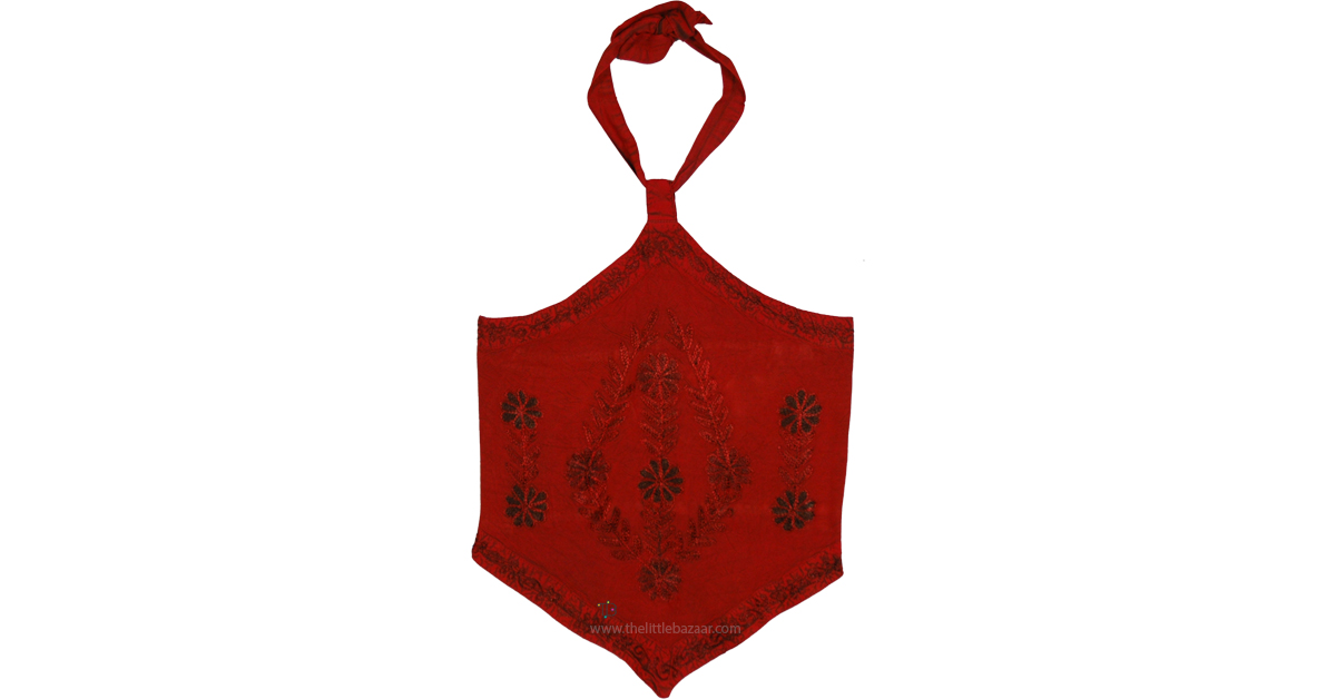 Tamarillo Floral Embroidery Hanky Hem Halter Top | Tunic-Shirt | Red ...