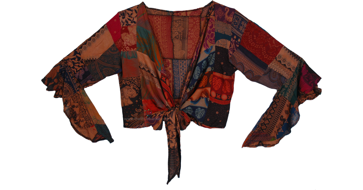 Burgundy Patchwork Bell Sleeves Top with Front Tie | Tunic-Shirt | Red | Patchwork, Peasant ...
