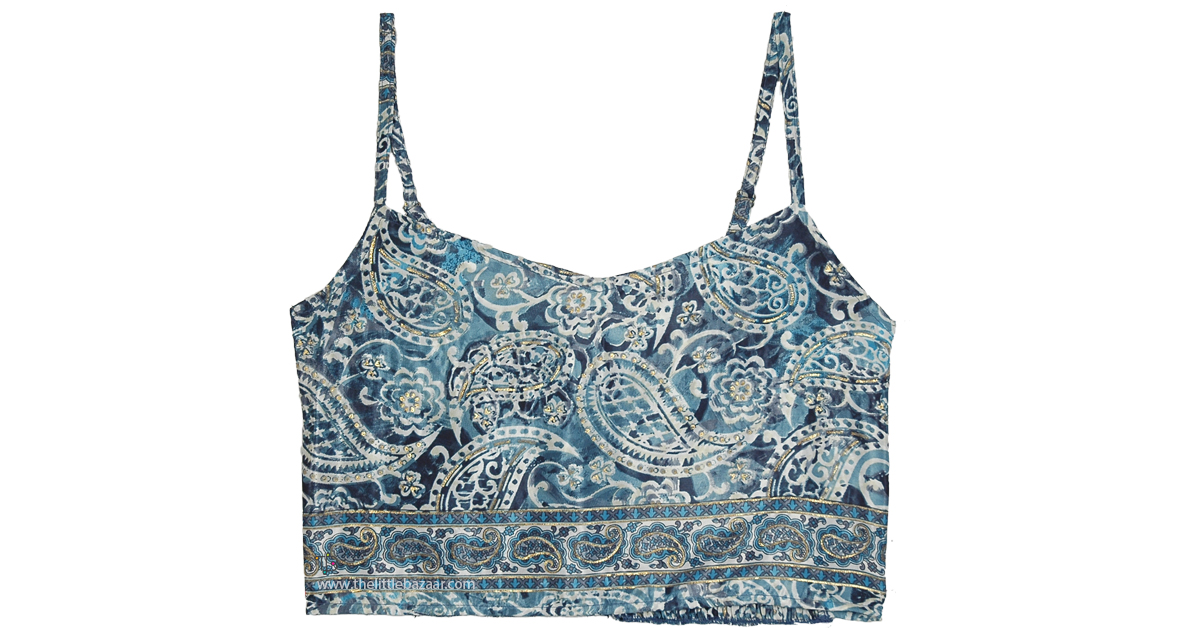 Smocked Back Adjustable Strap Paisley Crop Top | Tunic-Shirt | Blue ...
