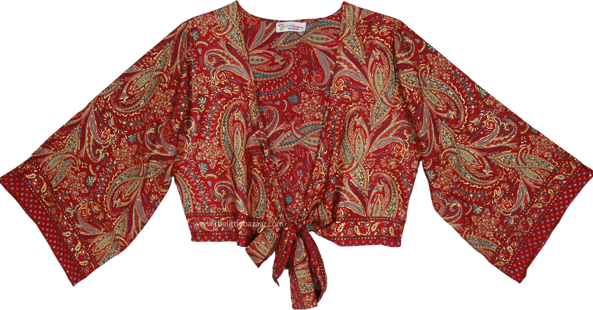 Ruby Paisley Metallic Accent Front Tie Crop Top | Tunic-Shirt | Red ...