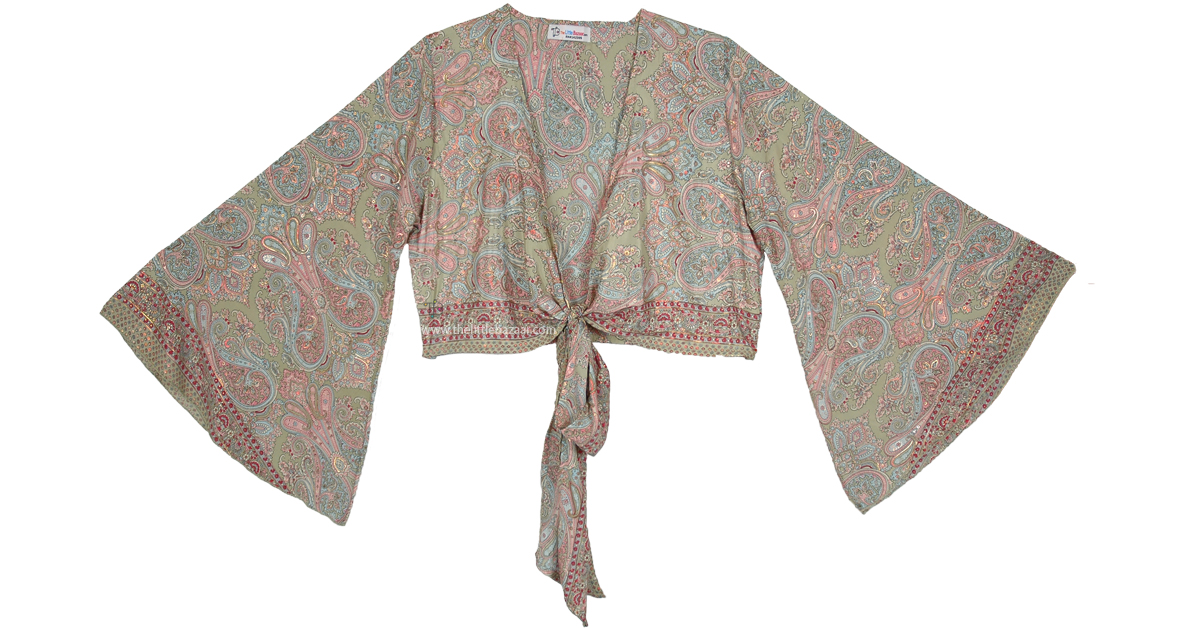 Coral Sage Bell Sleeve Crop Top with Front Tie | Tunic-Shirt | Green ...
