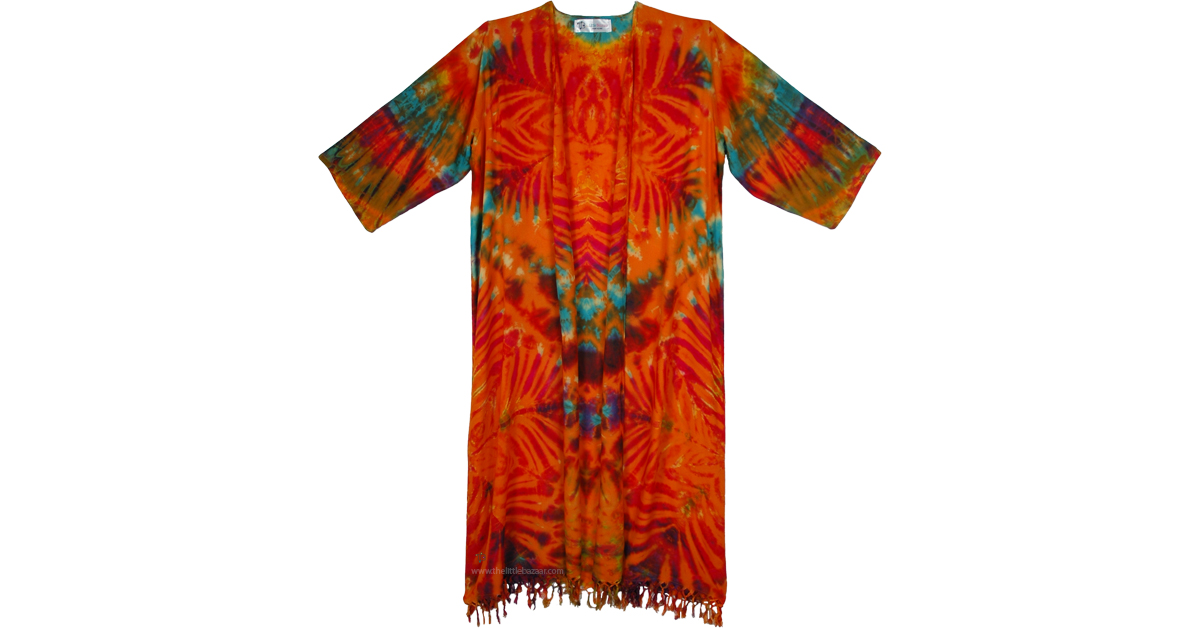 Fiery Sunset Boho Chic Hand Dyed Duster Kimono | Tunic-Shirt | Orange ...