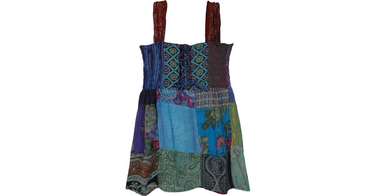 Blue Tinsel Cotton Patchwork Smocked Top | Tunic-Shirt | Blue