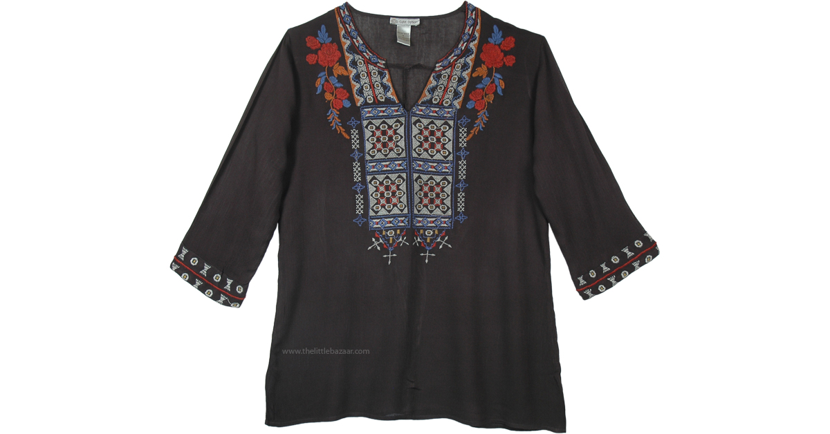 Boho Tunic Top in Black with Multicolored Embroidery | Tunic-Shirt ...