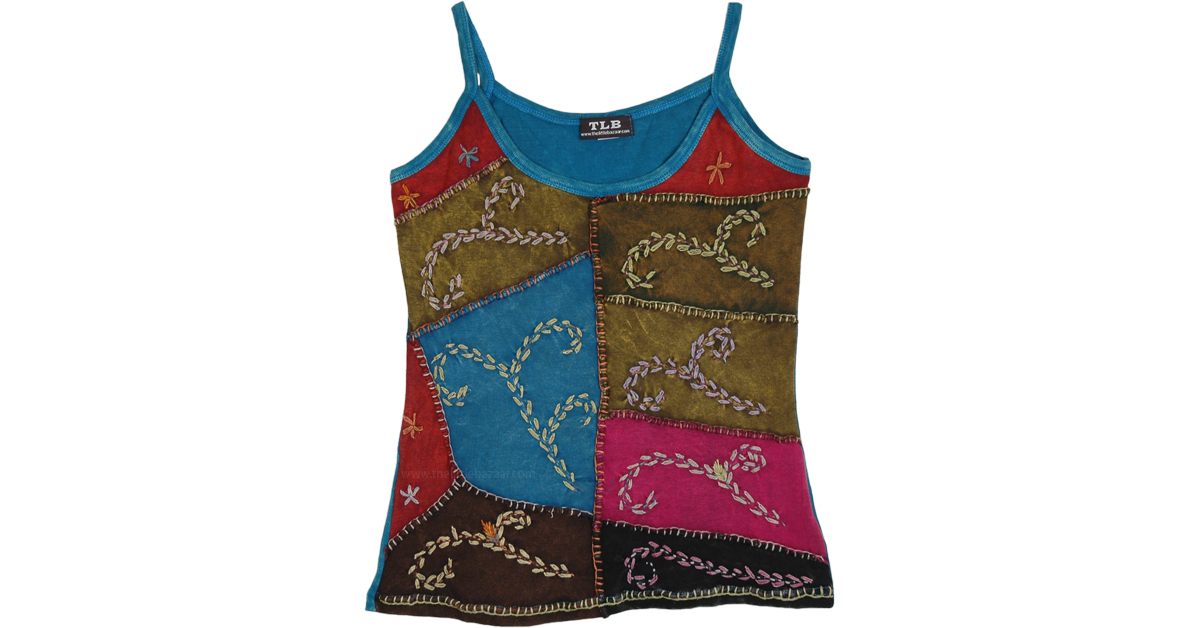 Teal Embroidered Patchwork Boho Tank Top in Cotton | Tunic-Shirt ...