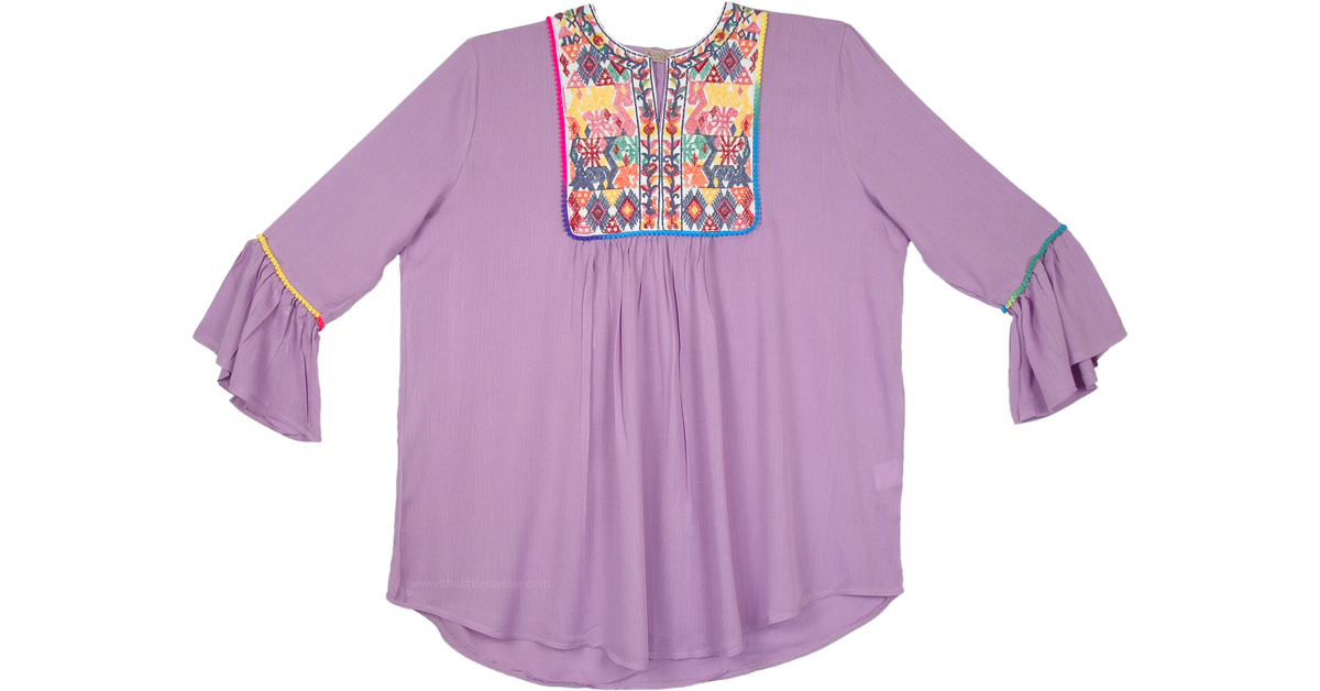 Lilac Boho Tunic Top with Tribal Style Embroidery | Tunic-Shirt ...