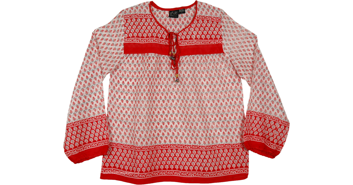 Red and White Boho Tunic Top with Floral Print | Tunic-Shirt | White ...