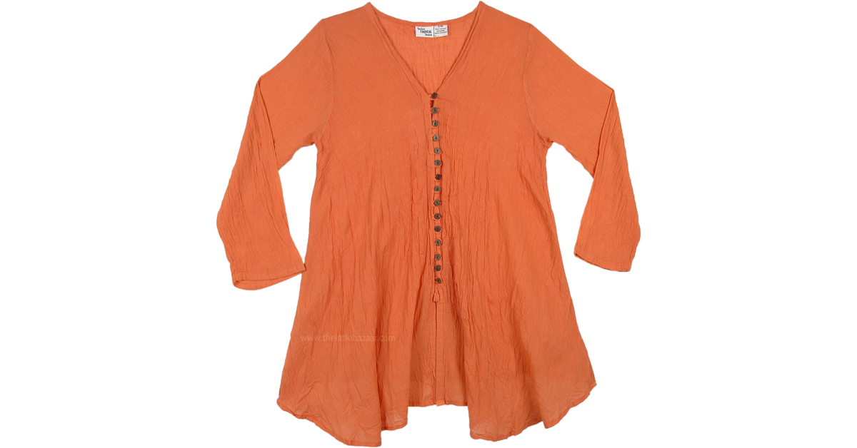 Fire Orange Crinkled Cotton Summer Tunic Top | Tunic-Shirt | Orange ...