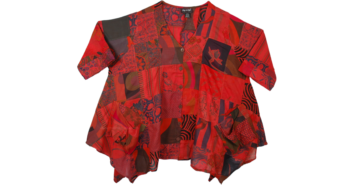 Crimson Red Women Casual Cotton Patchwork Shirt XXL | Tunic-Shirt | Red ...