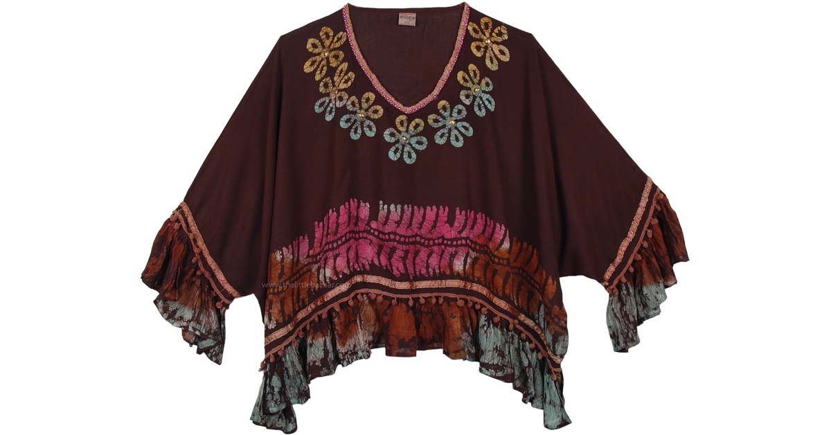 Choco Brown Poncho Top with Beads and Poms | Tunic-Shirt | Brown ...