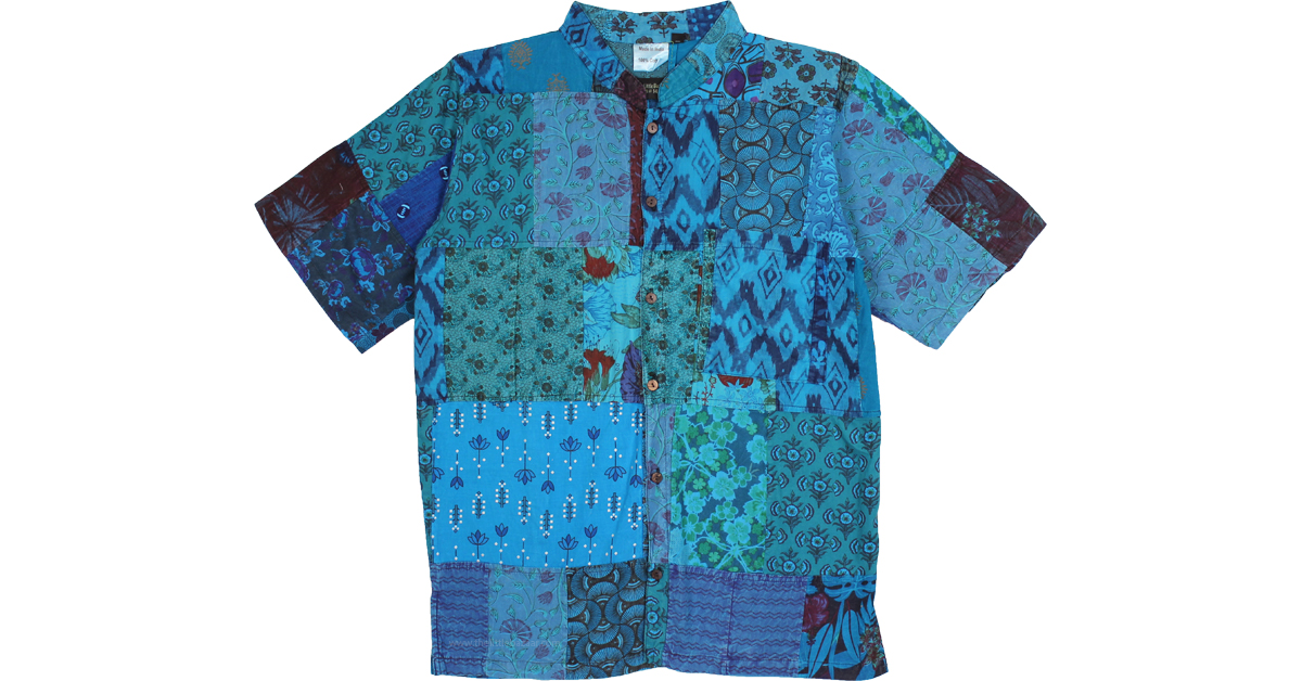Turquoise Patchwork Unisex Boho Shirt with Open Front | Tunic-Shirt ...