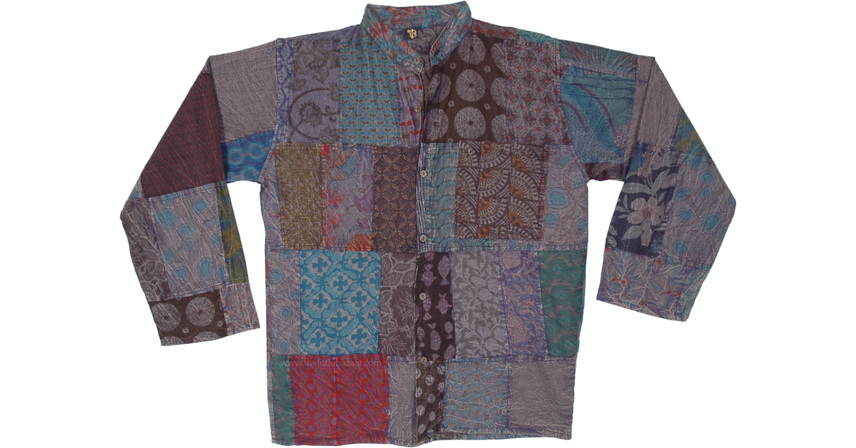 Button Down Boho Patchwork Unisex Cotton Shirt Full Sleeves | Tunic-Shirt | Blue | Patchwork ...