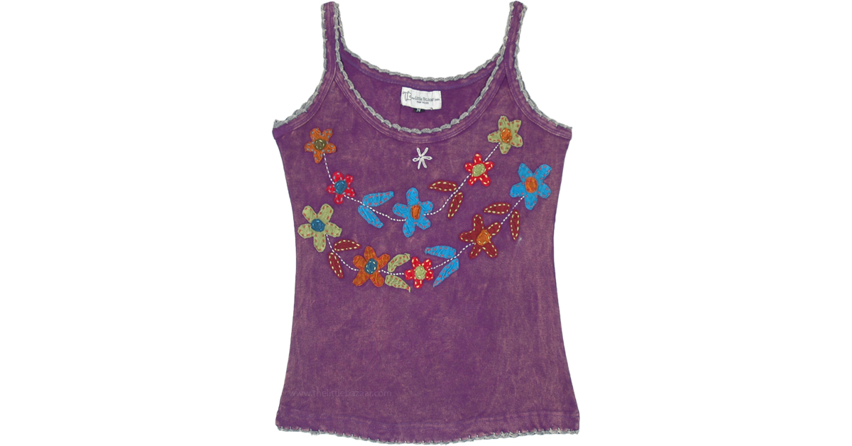 Floral Vine Applique Cotton Tank Top in Purple | Tunic-Shirt | Purple ...