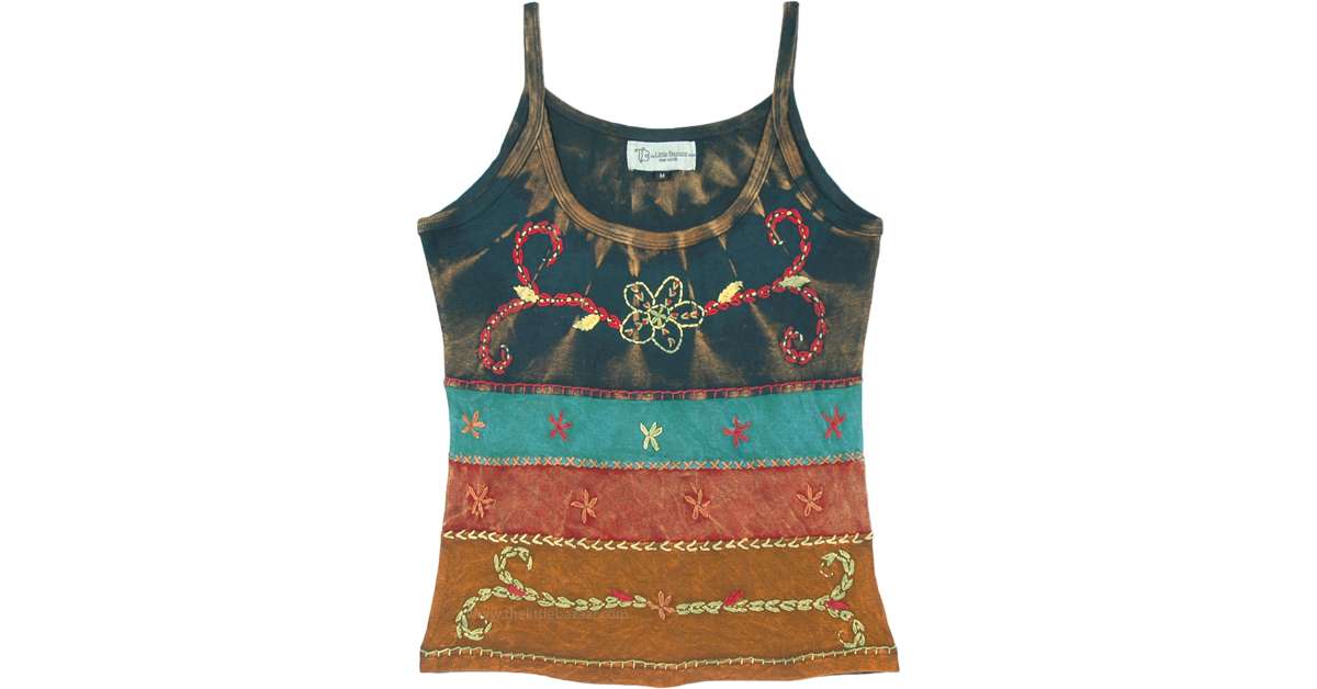 Multicolored Floral Embroidery Stonewashed Cotton Tank Top | Tunic ...
