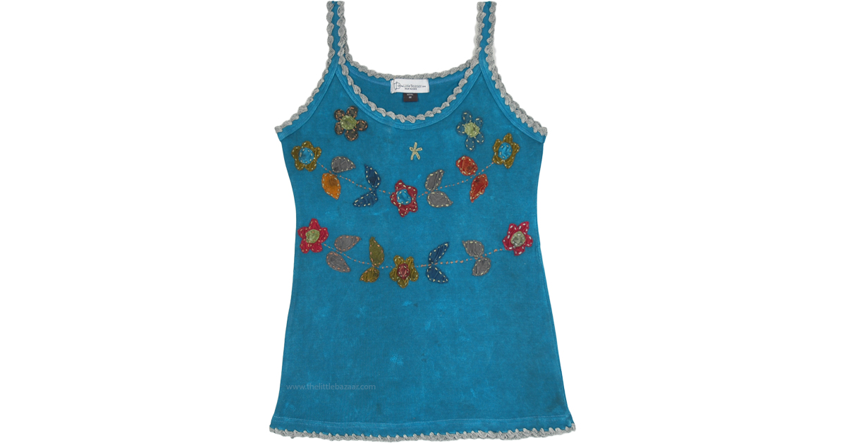 Aquamarine Dreams Floral Applique Tank Top | Tunic-Shirt | Blue ...