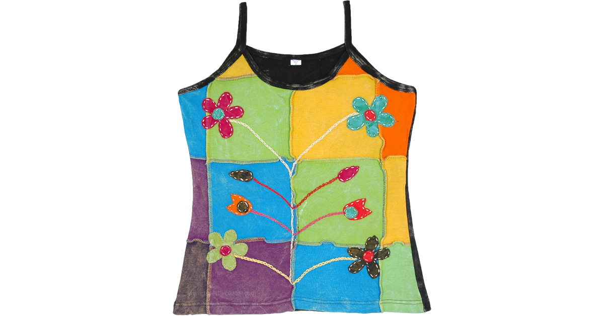 Retro Diced Vibrant Floral Applique Cotton Tank Top | Tunic-Shirt ...