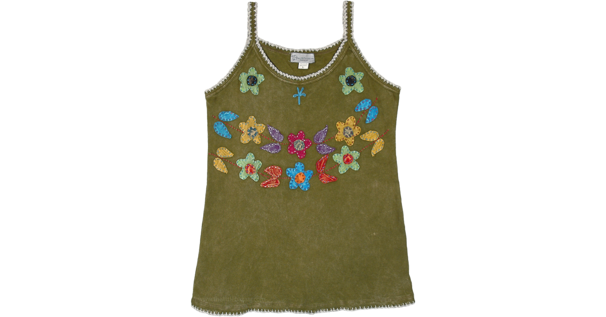 Olive Applique Summer Tank Top with Floral Utopia | Tunic-Shirt | Green ...