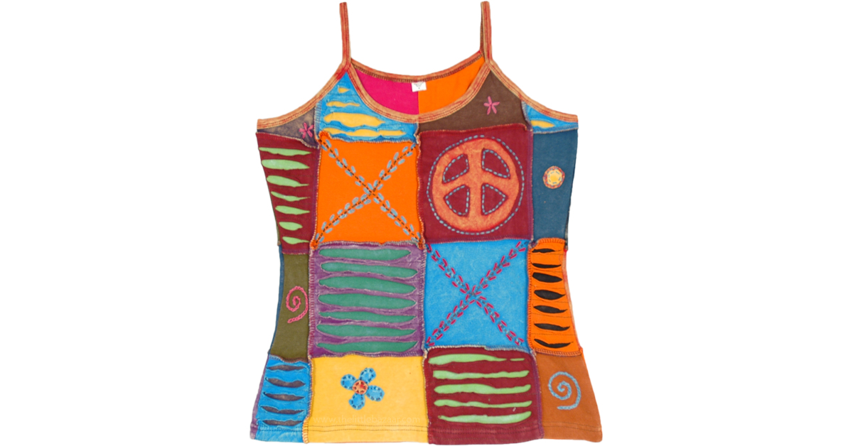 Multicolored Hippie Tank Top with Razor Cut Applique and Embroidery ...