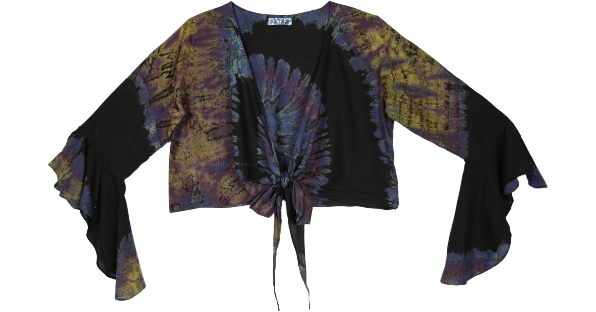 Flaming indigo Black Tie Dye Bell Sleeves Tie Top | Tunic-Shirt | Black | Fringe, Vacation ...