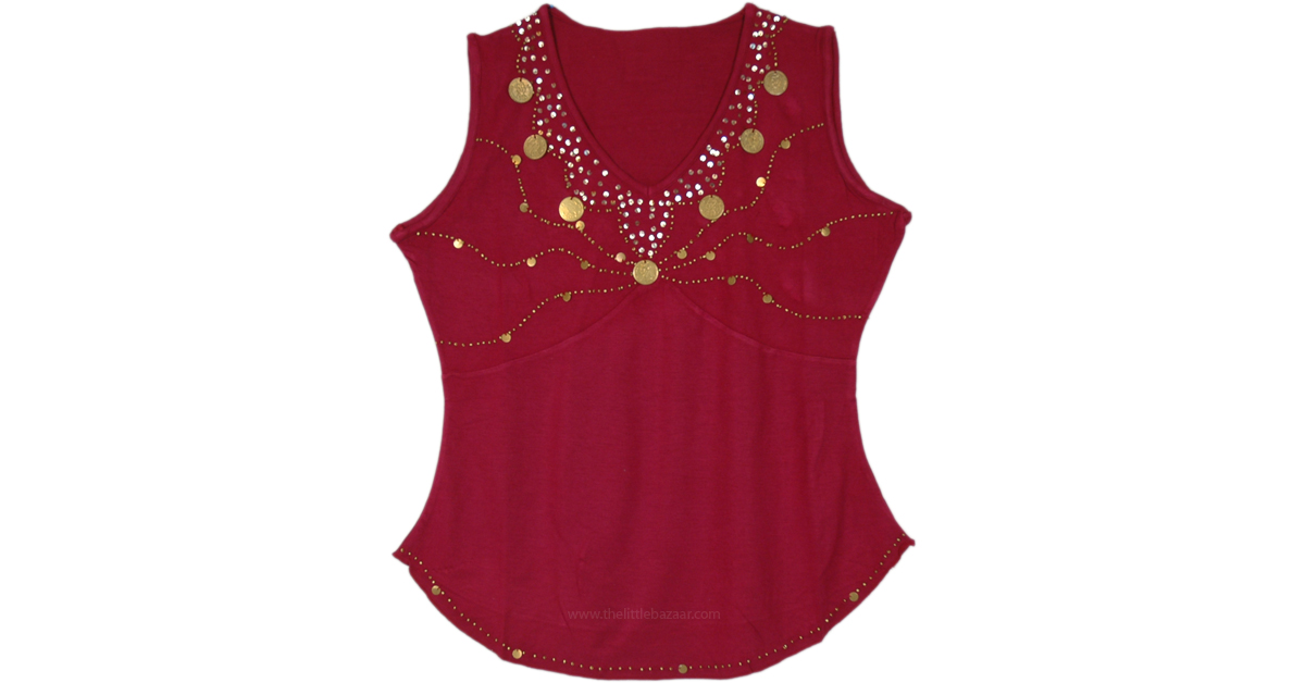 Blood Red Coin Embellishment Boho Top | Tunic-Shirt | Red | Sleeveless ...