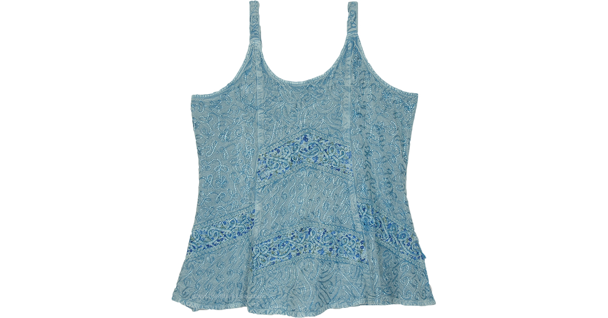 Powder Blue Bohemian Dainty Tank Top | Tunic-Shirt | Blue | Embroidered ...