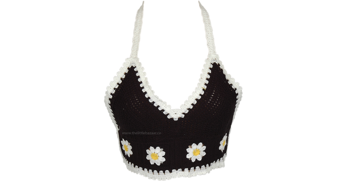 Daisy Black Floral Crochet Bralette Top | Tunic-Shirt | Black ...