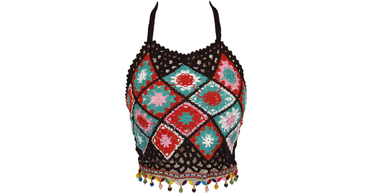 Black Crochet Bell Halter Top | Tunic-Shirt | Black | Sleeveless ...