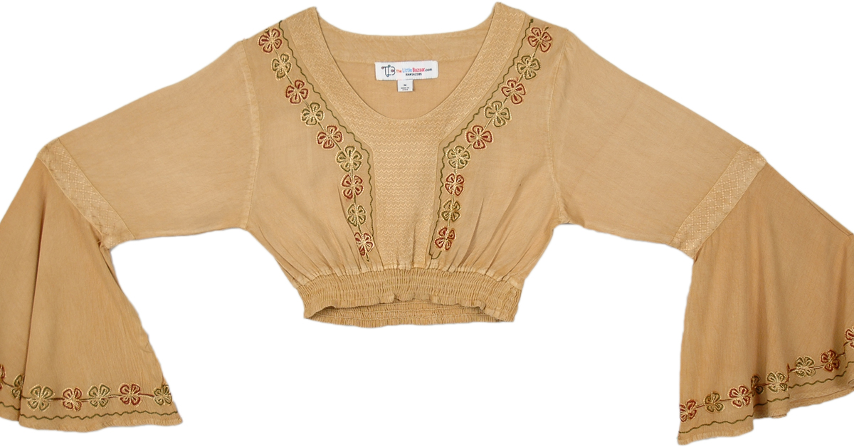 Embroidered Sand Butterfly Snug Crop Top | Tunic-Shirt | Beige ...