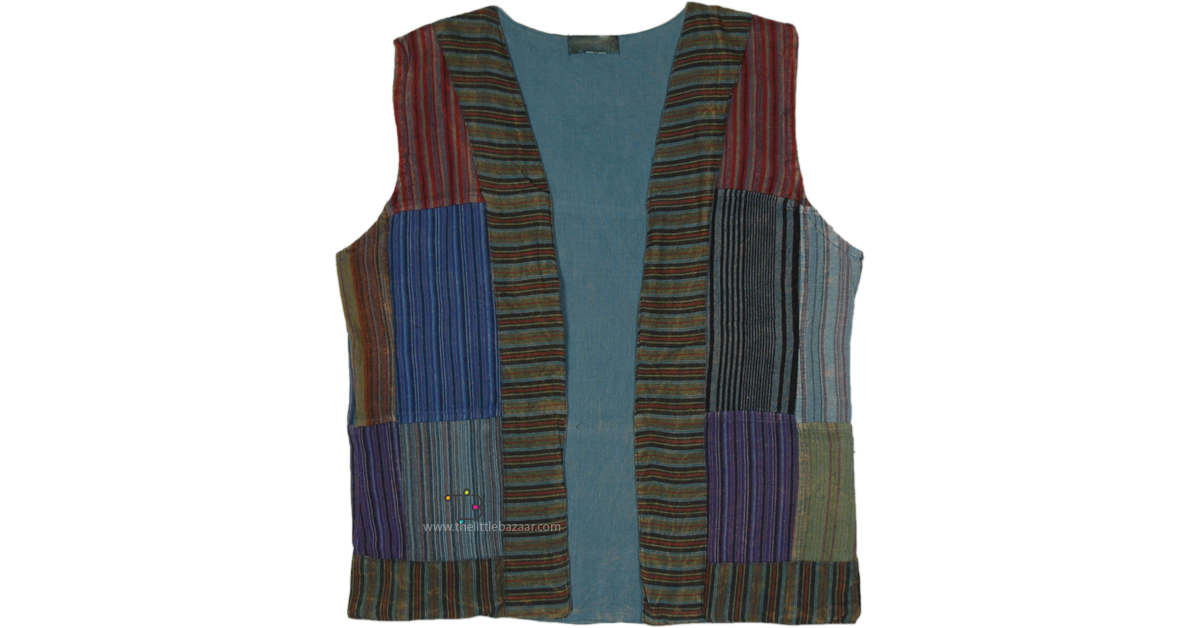 Handmade Patchwork Stripes Open Vest in Blue | Tunic-Shirt | Blue ...