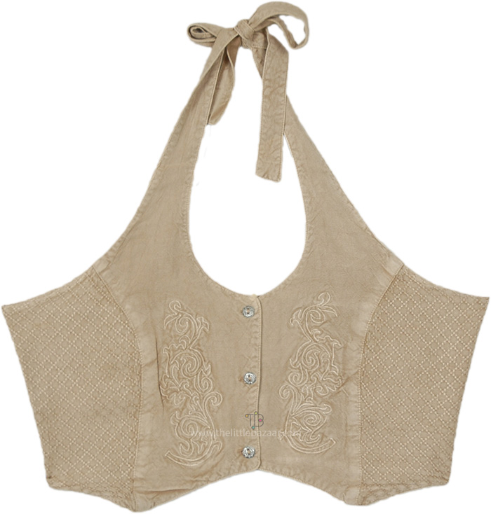 Beige Bask Halter Short Crop Top | Tunic-Shirt | Beige | Embroidered ...